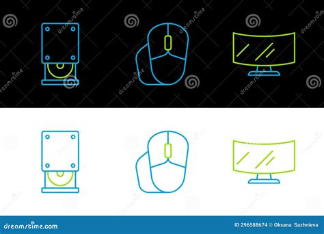 Set Line Computer Monitor Screen Optical Disc Drive And Mouse Icon Vector Stock Illustration