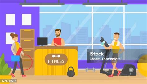 피트니스 클럽 리셉션 세스크 와 남성 접수 체육관 플랫 벡터 일러스트에서 스포츠 운동을하는 사람들 건강한 생활방식에 대한 스톡 벡터 아트 및 기타 이미지 Istock