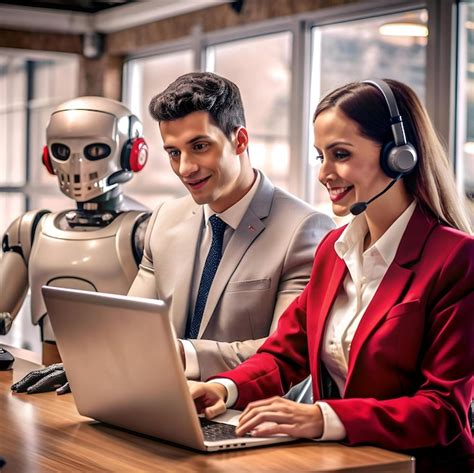 A Futuristic Business Team Works Together Collaborating With A Robot