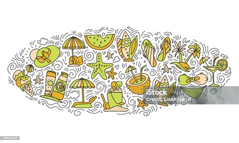여름 및 비치 손 아이콘 개념을 그립니다 여행 만화 장식 요소와 함께 Ellipce 형태로 여름 아이콘 모음 코코넛 보트 모래