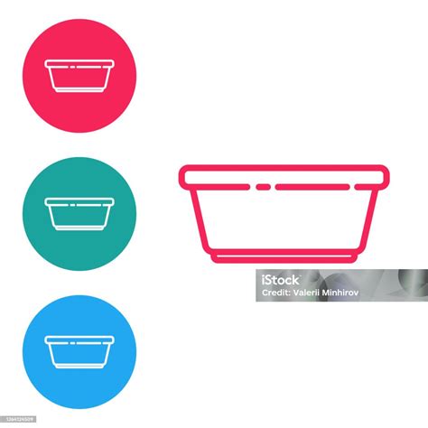 흰색 배경에 격리 된 빨간색 줄 플라스틱 분지 아이콘 물 그릇 세탁 청소 장비 원 버튼에 아이콘을 설정합니다 벡터 일러스트레이션 가정 생활에 대한 스톡 벡터 아트 및 기타