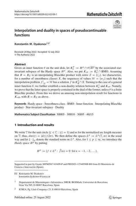 Pdf Interpolation And Duality In Spaces Of Pseudocontinuable Functions