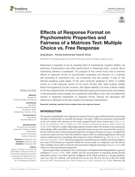 Pdf Effects Of Response Format On Psychometric Properties And Fairness Of A Matrices Test