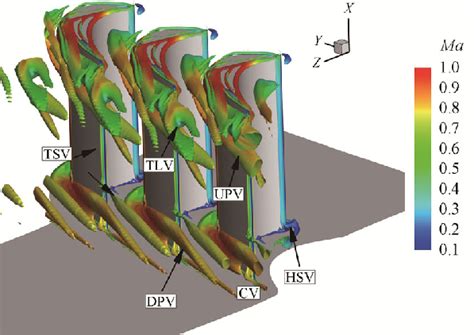 instantaneous three dimensional vortex structures inside the cascade