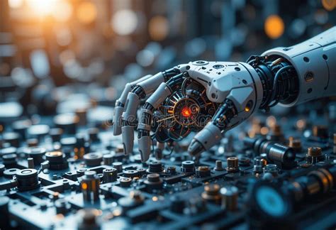 Robotic Hand Interacting With A Complex Circuit Board In A Futuristic Lab Stock Illustration