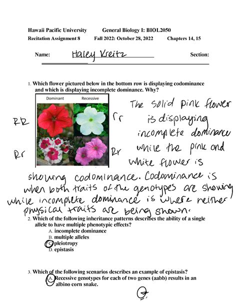 Recitation Assignment 8 Hawaii Pacific University General Biology I