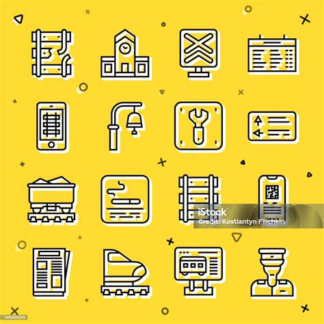 세트 라인 기차 지휘자 전자 티켓 열차 도로 교통 표지판 철도 건널목 역 종 온라인 구매 깨진 레일 철도 및 아이콘 수리 벡터 거리에 대한 스톡 벡터 아트 및 기타 이미지