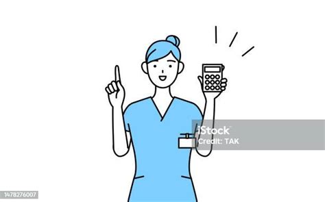 여성 간호사 물리 치료사 작업 치료사 언어 치료사 간호 조무사가 유니폼을 입고 계산기를 들고 가리키고 있습니다 가계에 대한 스톡 벡터 아트 및 기타 이미지 Istock