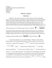 Kinematics Lab Report Mei Song Lab Partners Ryan Perry And Nick Robertson Zachary Butler