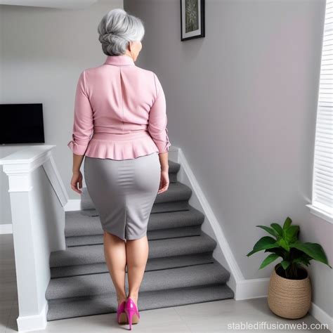 Full Length Back View Of Plus Size Mature Woman Grey Hair In Low Bun