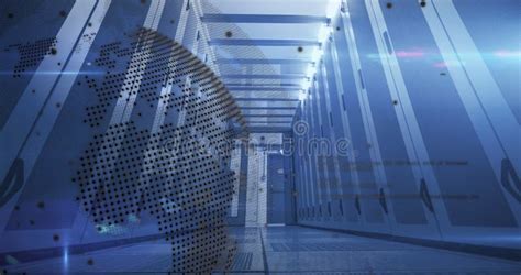 Data Processing Over Spinning Globe Against Computer Server Room Stock