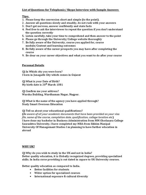 Uk University Interview List Of Questions With Sample Answers Pdf Entrepreneurship
