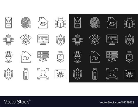 Set Line System Bug Cyber Security Shield Vector Image