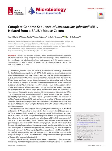 Pdf Complete Genome Sequence Of Lactobacillus Johnsonii Mr1 Isolated From A Balb C Mouse Cecum