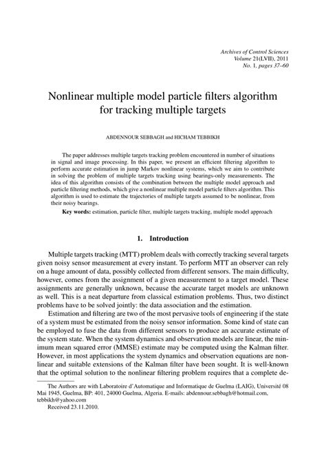 Pdf Nonlinear Multiple Model Particle Filters Algorithm For Tracking