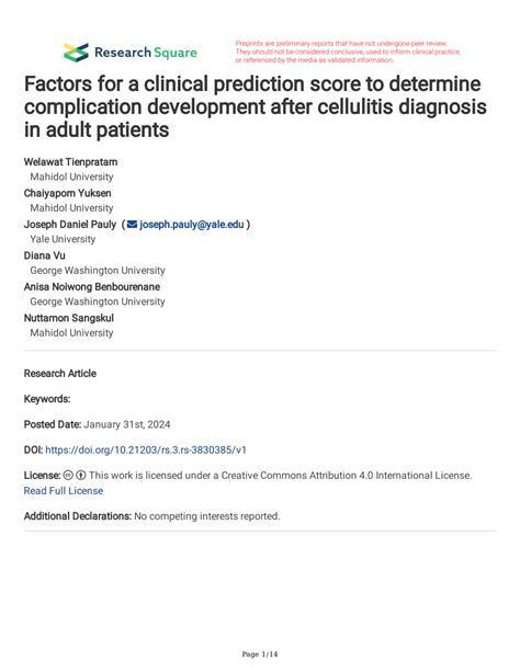 Pdf Factors For A Clinical Prediction Score To Determine Complication Development After