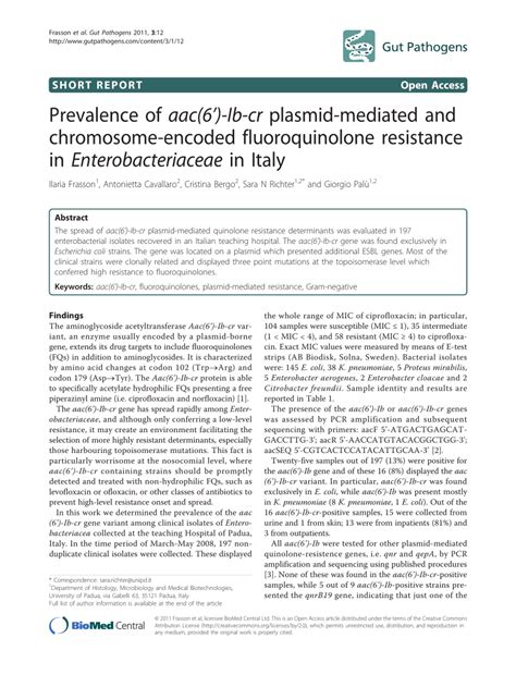 Pdf Prevalence Of Aac 6 Ib Cr Plasmid Mediated And Chromosome Encoded Fluoroquinolone