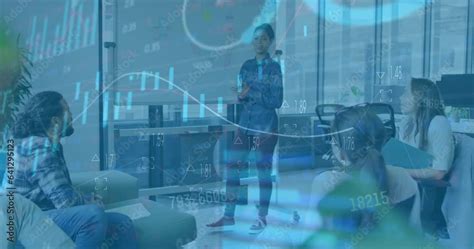 Animation Of Stock Market Data Processing Against Biracial Woman Giving