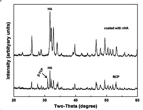 xrd patterns for bcp and nha coated bcp ceramics the ha tcp ratio was