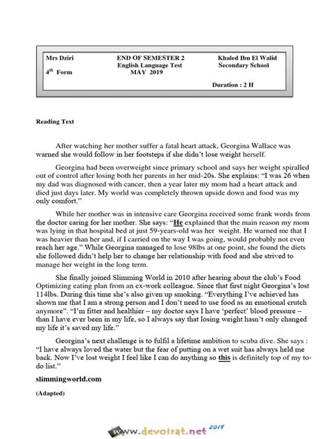 Devoir De Synthèse N°2 2ème Semestre Anglais Bac Sciences 2018 2019 Mme Besma Riabi Dziri