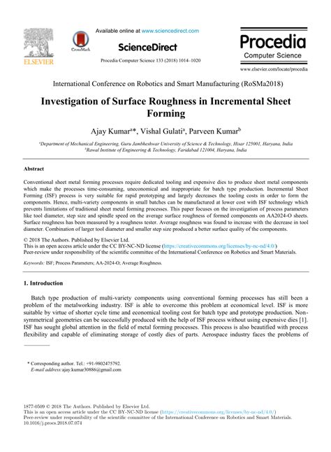 Pdf Investigation Of Surface Roughness In Incremental Sheet Forming