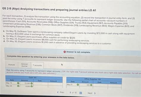 Solved QS 2 8 Algo Analyzing Transactions And Preparing Chegg Com
