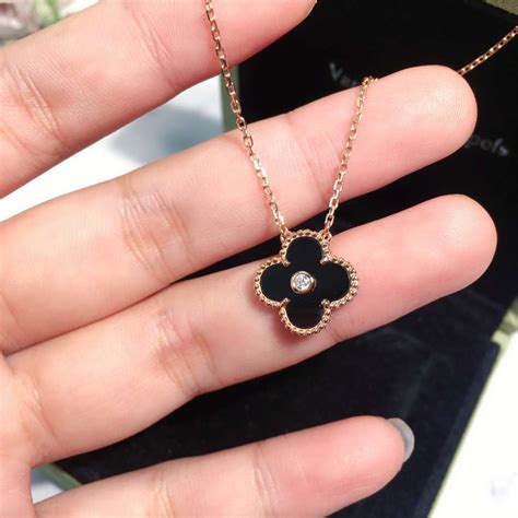 Van Cleef Replica Vintage Alhambra Necklace Onyx And Diamond