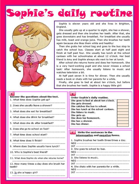 Resultado De Imagen De Sophie Daily Routine Reading Comprehension Comprehension Exercises