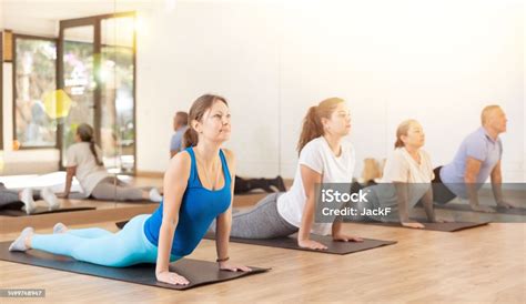 그룹 필라테스 운동 중에 코브라 운동을 수행하는 다양한 연령대의 사람들 활동적인 라이프 스타일과 웰빙 개념 20 24세에 대한 스톡 사진 및 기타 이미지 Istock