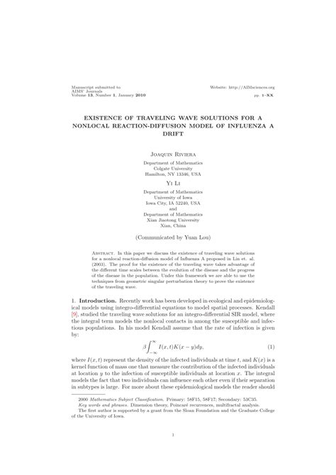 Pdf Existence Of Traveling Wave Solutions For A Nonlocal Reaction Diffusion Model Of Influenza