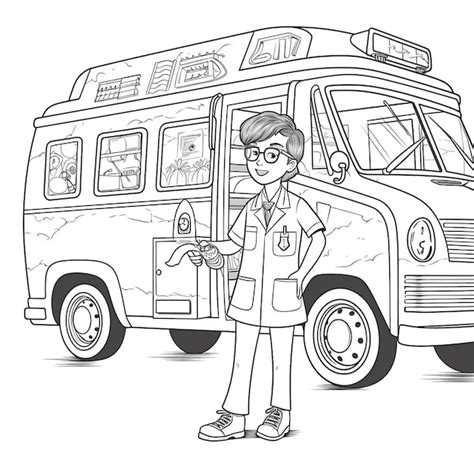 얇은 선명한 선과 구급차 배경이 있는 어린이 만화 스타일을 위한 간단한 의사 색칠 페이지 흑백 낮은 세부 음영 없음 흰색 배경 생성 Ai 프리미엄 사진