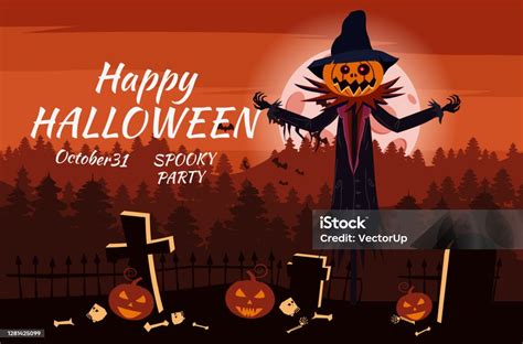허수아비 캐릭터 할로윈 찢어진 코트에 잭 O 랜턴 머리 호박과 묘지에서 할로윈 흰색 배경 만화 스타일에 격리 10월에 대한 스톡 벡터 아트 및 기타 이미지 Istock