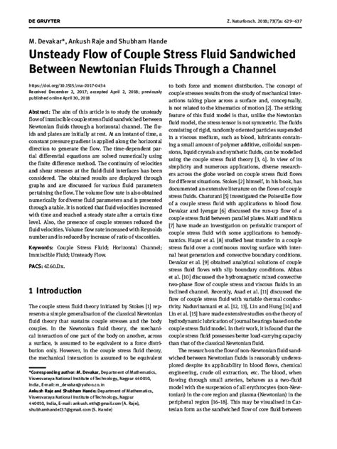 pdf unsteady flow of couple stress fluid sandwiched between newtonian