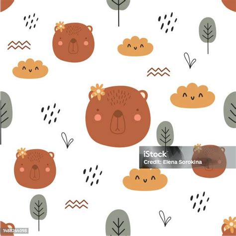 차일디쉬 베어 이음새가 없는 패턴 귀여운 곰 나무 구름 추상적인 인물이 있는 매끄럽고 유치한 패턴 손으로 그린 벡터 그림입니다 0명에 대한 스톡 벡터 아트 및 기타 이미지