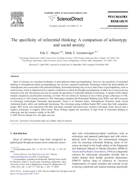 Pdf The Specificity Of Referential Thinking A Comparison Of Schizotypy And Social Anxiety