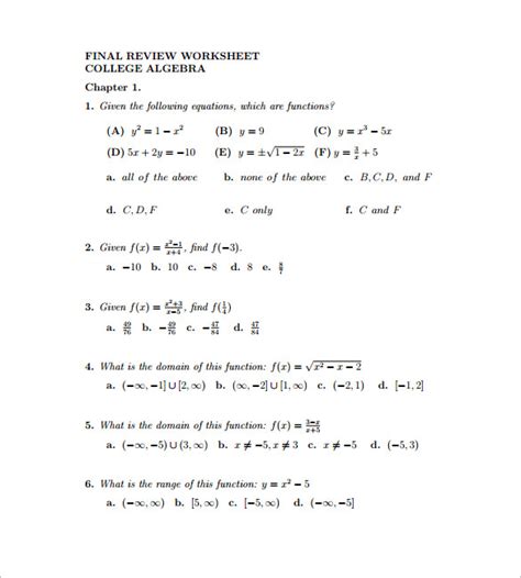 Basic College Algebra Worksheets
