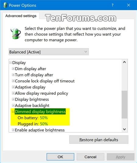 Add Or Remove Dimmed Display Brightness From Power Options In Windows Tutorials