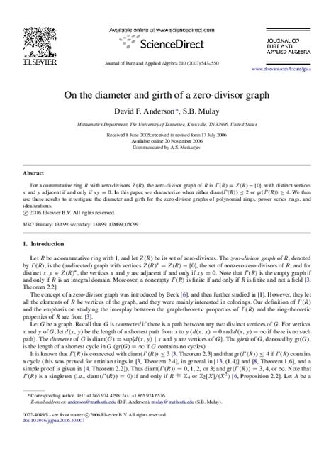 Pdf On The Diameter And Girth Of A Zero Divisor Graph