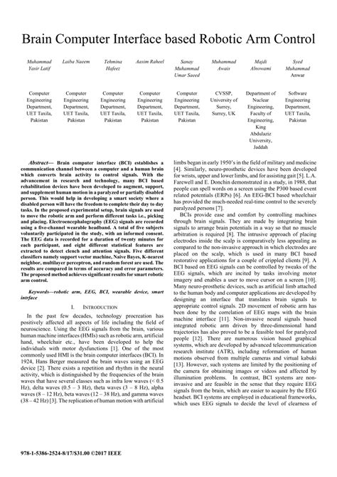 pdf brain computer interface based robotic arm control