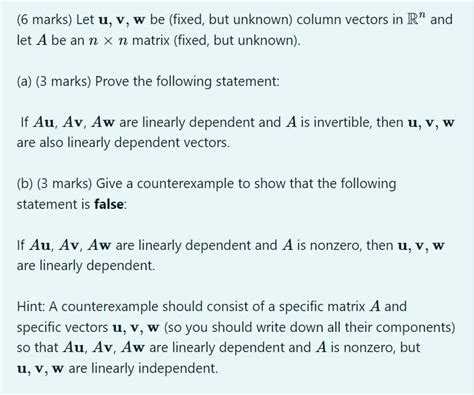 solved 6 marks let u v w be fixed but unknown column