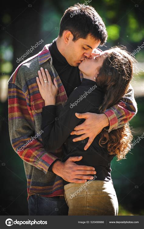 Sensual Romantic Couple Love Hugging Kissing Park French Deep Kiss