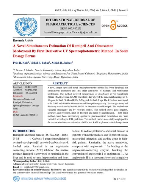 A Novel Simultaneous Estimation Of Ramipril And Olmesartan Medoxomil By First Derivative Uv