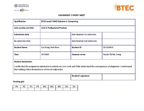 1622 Database Assignment 1 Front Sheet Qualification Btec Level 5 Hnd
