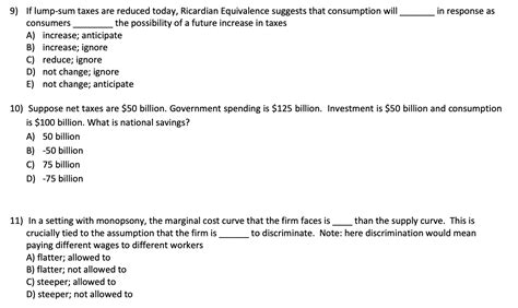 Solved 9 If Lump Sum Taxes Are Reduced Today Ricardian