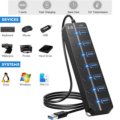 FAMKIT Port USB Charging Hub With Individual Switches Multi PC Extension Long Cable For