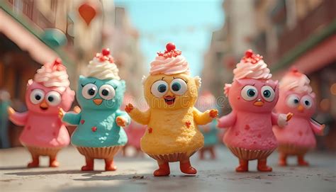 Cute Cupcake Chick Characters Walking In A Cheerful Parade Stock Illustration Illustration Of
