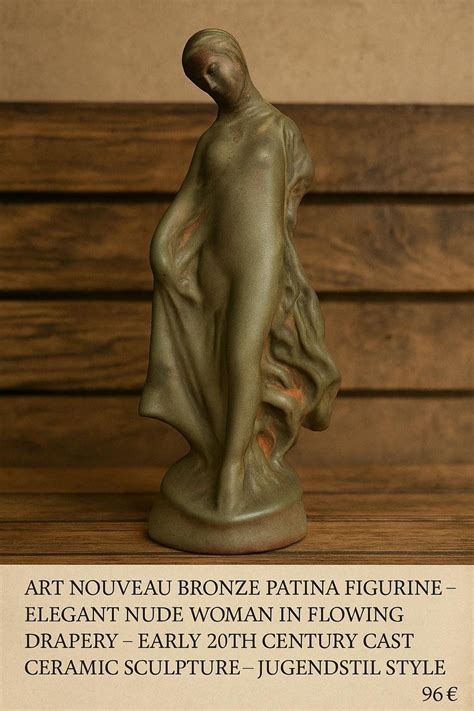Art Nouveau Bronze Patina Figurine Elegant Nude Woman In Flowing