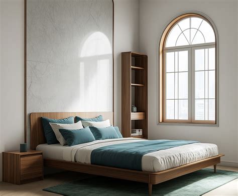 Contemporary Guest Bedroom Design With Open Bookshelf And Arched Window
