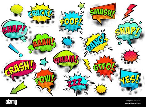 Comic colored speech bubbles with halftone shadow and text phrase. Sound expression of emotion ...