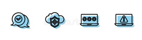 Set Line Laptop With Password Check Mark In Speech Bubble Cloud And Shield And Exclamation